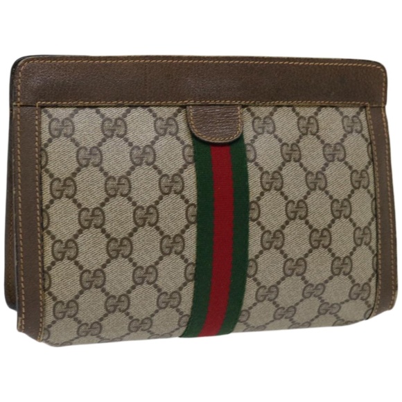 Gucci | Bags | Gucci Gg Supreme Web Sherry Line Clutch Bag Pvc Beige Red 89 001 Auth 66613 ...